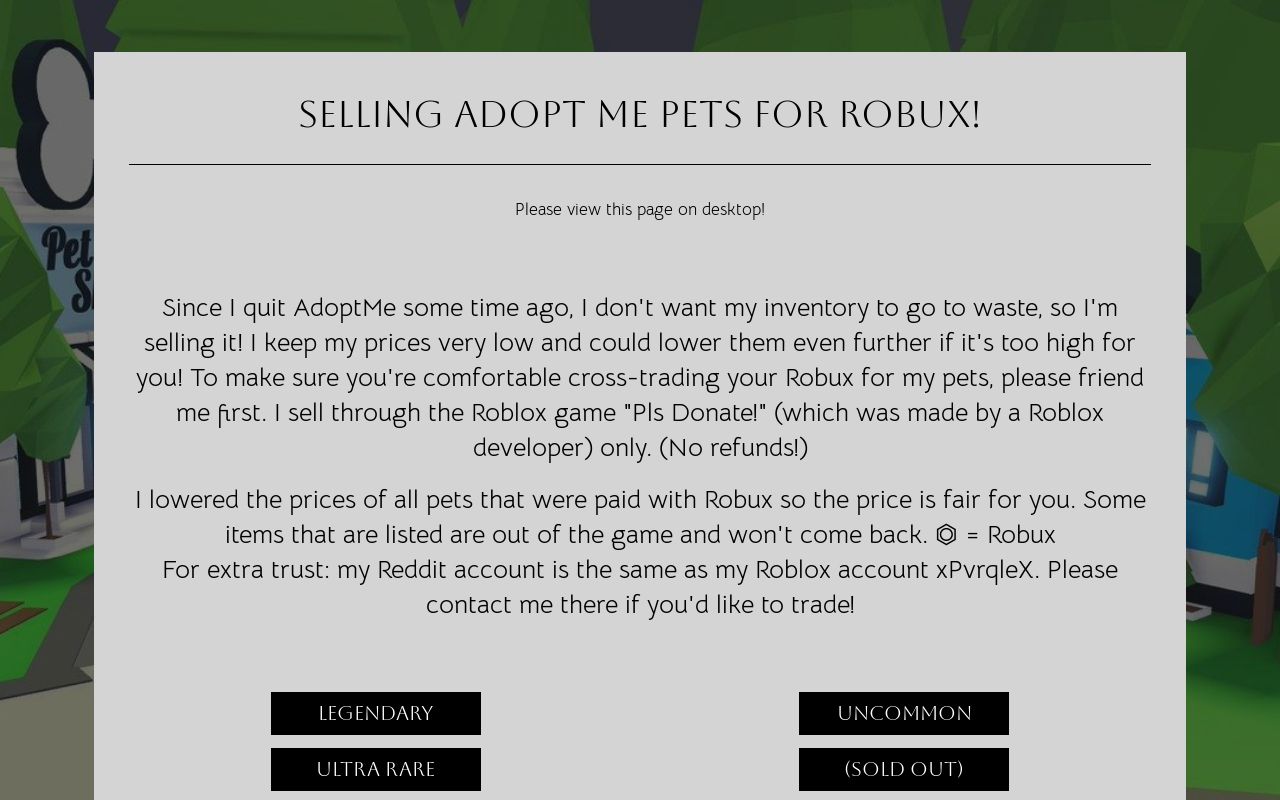Selling Adopt Me pets for Robux